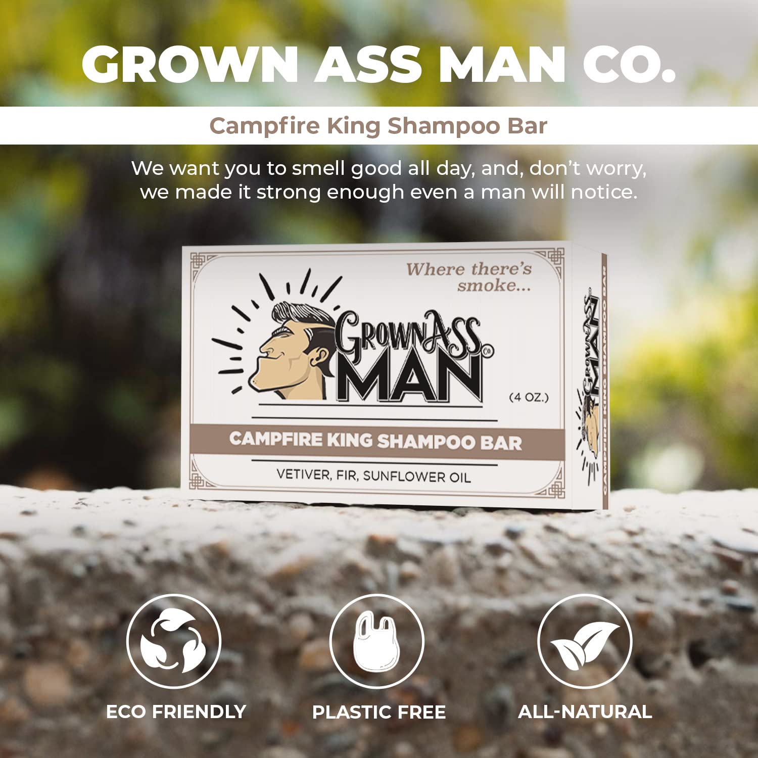 Grown Ass Man Co. - Solid Shampoo Bar Rich Lather 3 in 1: Hair, Beard & Body Wash - Plastic Free & Eco-Friendly, Natural & Organic Clean for All Hair Types, 4oz Bar (Campfire King, Single)