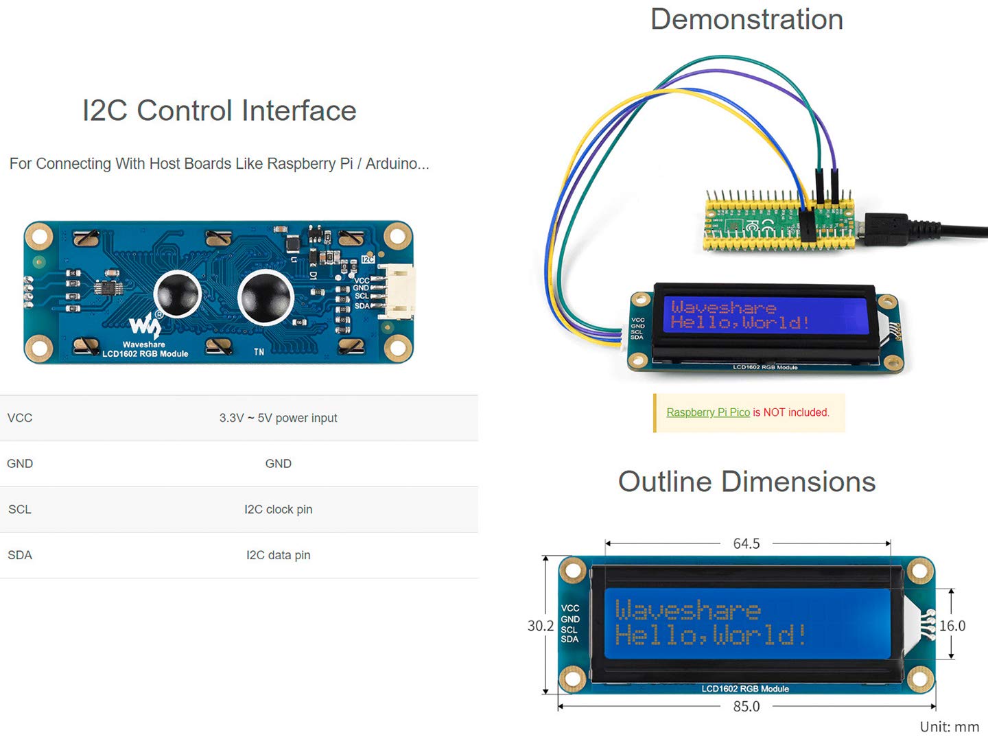 waveshare for Arduino Raspberry Pi/Pi Pico Jetson Nano, LCD1602 RGB Module 16x2 Characters up to 16 Million Colors Adjustable RGB Backlight Color I2C Interface 3.3V/5V