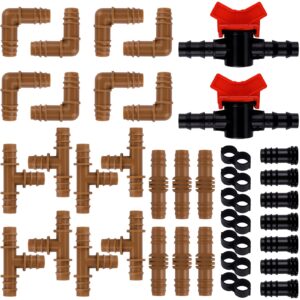 kalolary 42pcs drip irrigation fittings kit, 5/8 inch hose barbed connectors for compatible drip or sprinkler system(2 switch valves, 8 couplings, 8 tees, 8 elbows, 8 end closures, 8 end cap plugs)