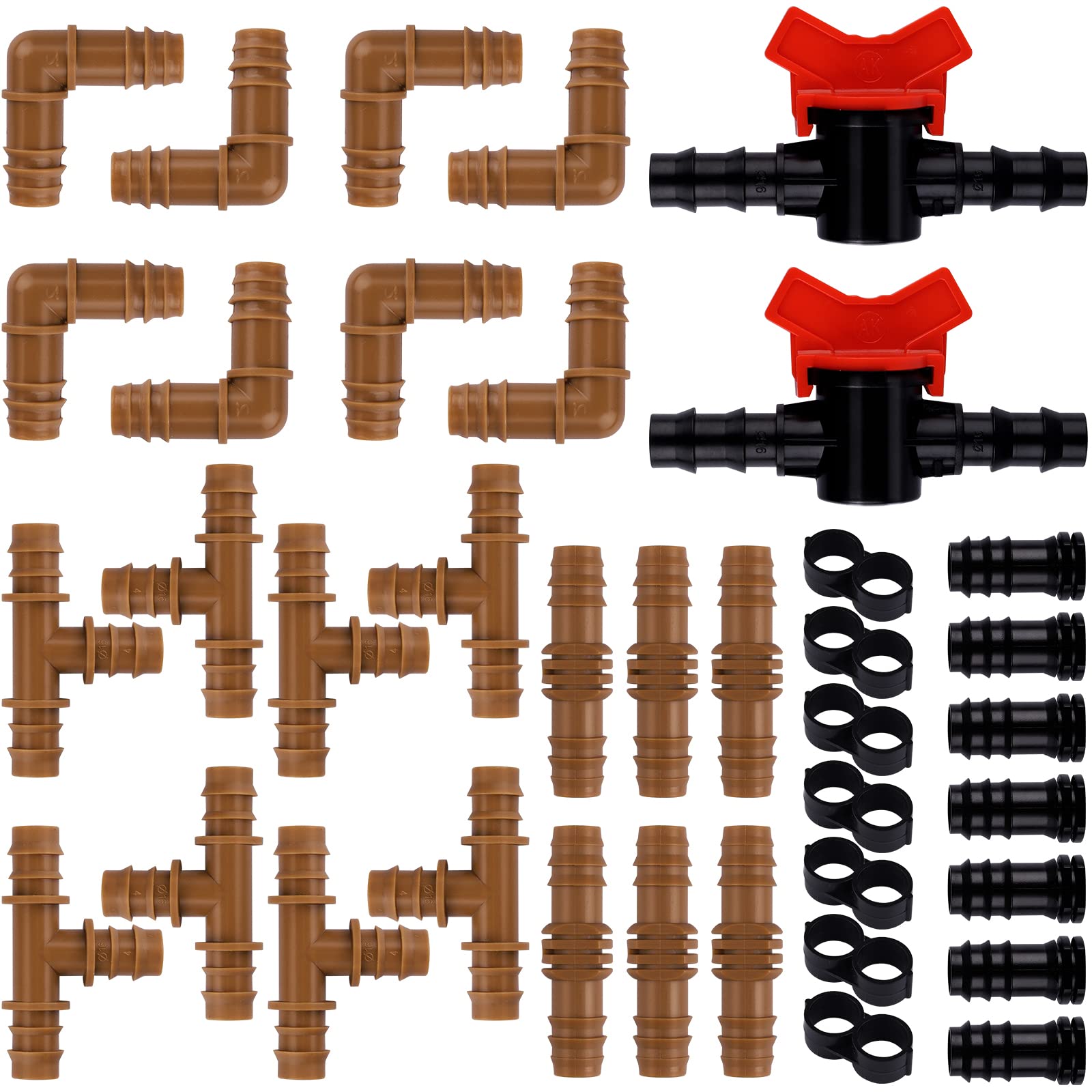 Kalolary 42Pcs Drip Irrigation Fittings Kit, 5/8 Inch Hose Barbed Connectors for Compatible Drip or Sprinkler System(2 Switch Valves, 8 Couplings, 8 Tees, 8 Elbows, 8 End Closures, 8 End Cap Plugs)