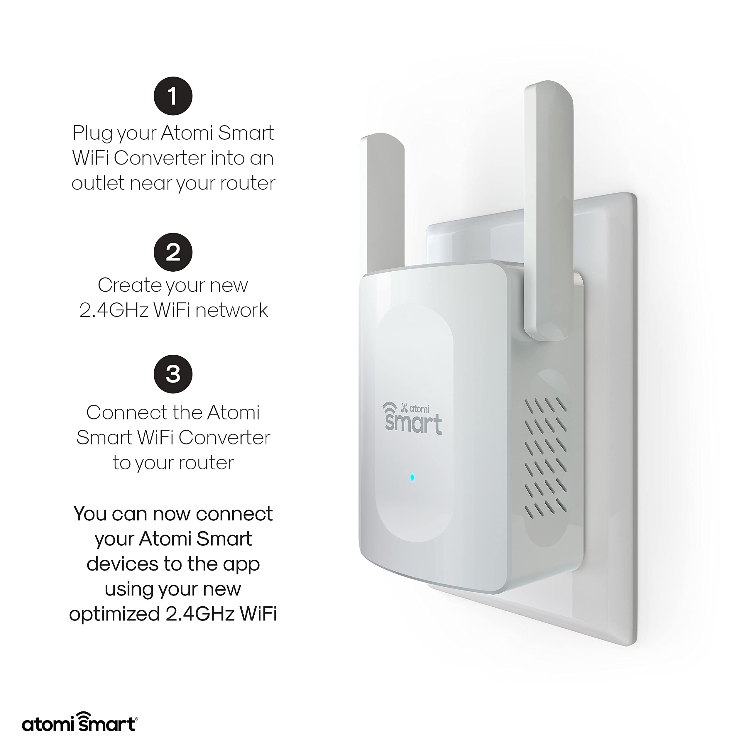 Atomi Smart WiFi 2.4GHz Converter - Quick and Easy Setup, Compact, Portable, Dual Antennas, Universal Compatibility, Easily Connect your Atomi Smart Devices, Uninterrupted Connection