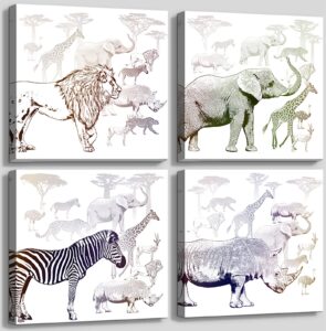 animal canvas wall art safari zoo elephant lion zebra and rhino nursery decor printed artwork framed for children's room bedroom farmhouse animal wall decoration ready to hang (12"x12"x4pcs)