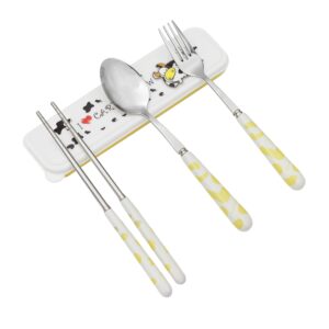 flower power kids portable utensils, travel camping cutlery, stainless steel flatware set with fork, spoon, and chopstick, ceramic handles, cow design (yellow)