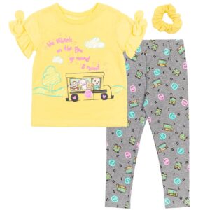 cocomelon jj baby girls 3 piece outfit set: t-shirt legging scrunchy yellow/gray 24 months