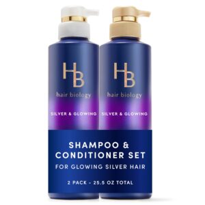 hair biology biotin-infused purple shampoo and conditioner set for grey hair, anti-brassiness, moisturizing, color-safe, silver & glowing, corrects yellow tones, 12.8 fl oz each, 2 pack