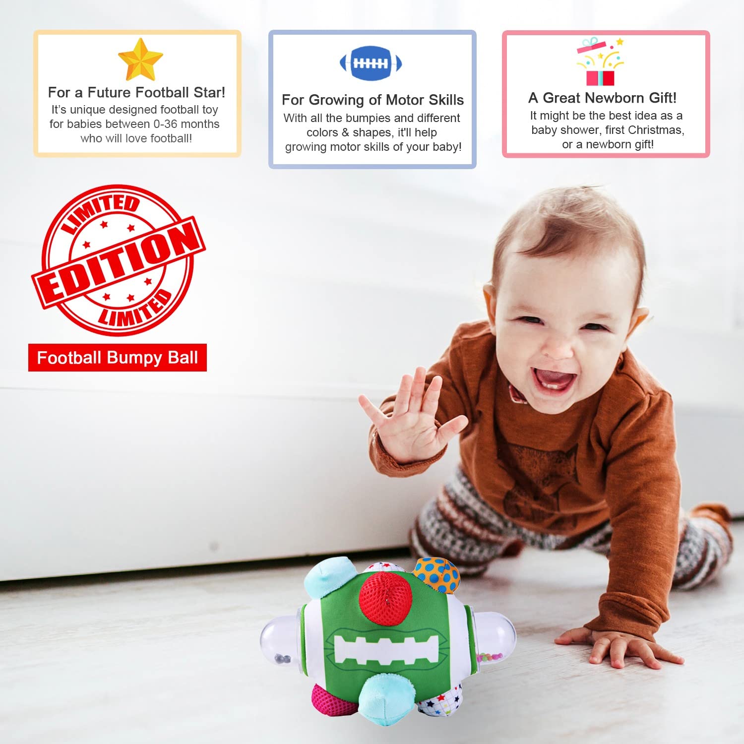 The Season Toys Football Bumpy Ball for Baby Cognitive Developmental, Baby Boys & Girls – Newborn to 36 Months Sensory Football Rattle Toy, Green