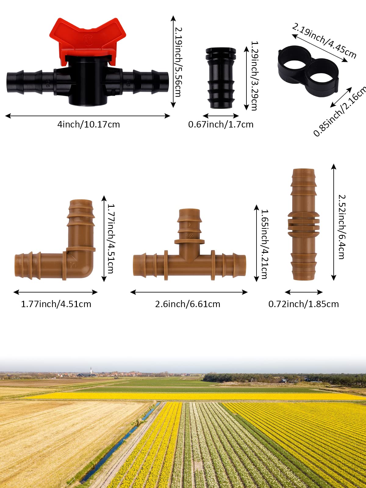 Kalolary 42Pcs Drip Irrigation Fittings Kit, 5/8 Inch Hose Barbed Connectors for Compatible Drip or Sprinkler System(2 Switch Valves, 8 Couplings, 8 Tees, 8 Elbows, 8 End Closures, 8 End Cap Plugs)