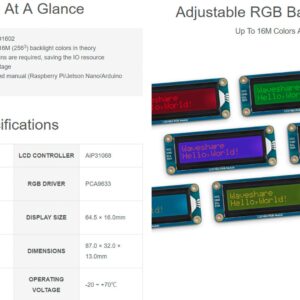 waveshare for Arduino Raspberry Pi/Pi Pico Jetson Nano, LCD1602 RGB Module 16x2 Characters up to 16 Million Colors Adjustable RGB Backlight Color I2C Interface 3.3V/5V