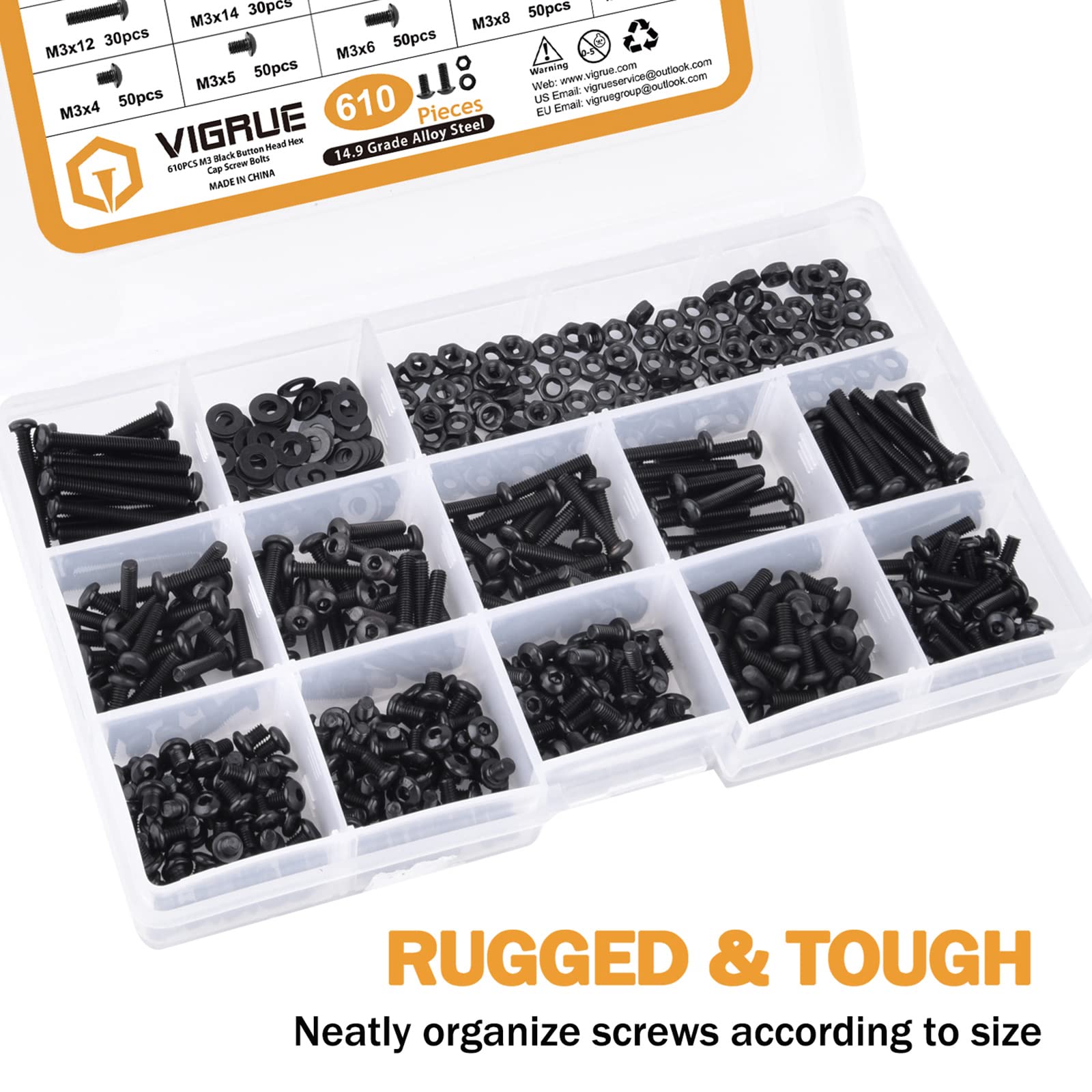 VIGRUE 610PCS 14.9 Grade Alloy Steel M3 Button Hex Head Cap Screws M3 x 4/5/6/8/10/12/14/16/18/20/25mm Machine Screws Bolts Nuts Washer Assortment Kit