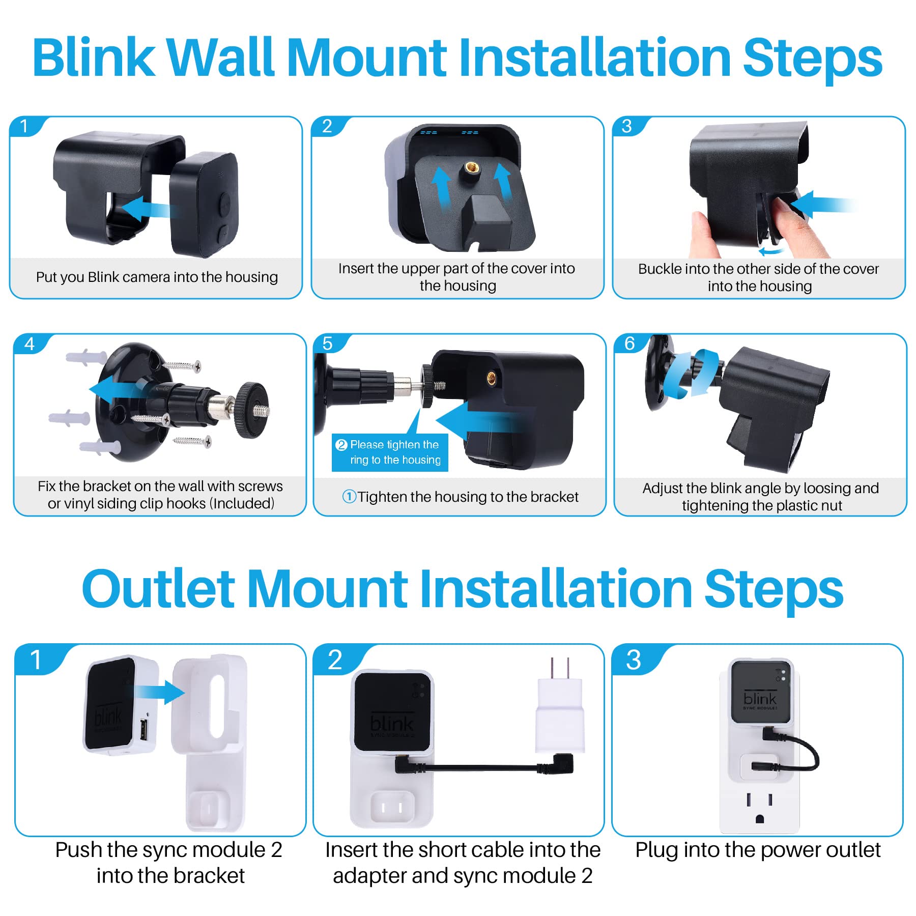 3 Pack Blink Outdoor Camera Housing and Mounting Bracket, Weatherproof Cover and 360° Adjustable Mount with Blink Sync Module 2 Outlet Wall Mount for Blink Security System (Blink Not Included)