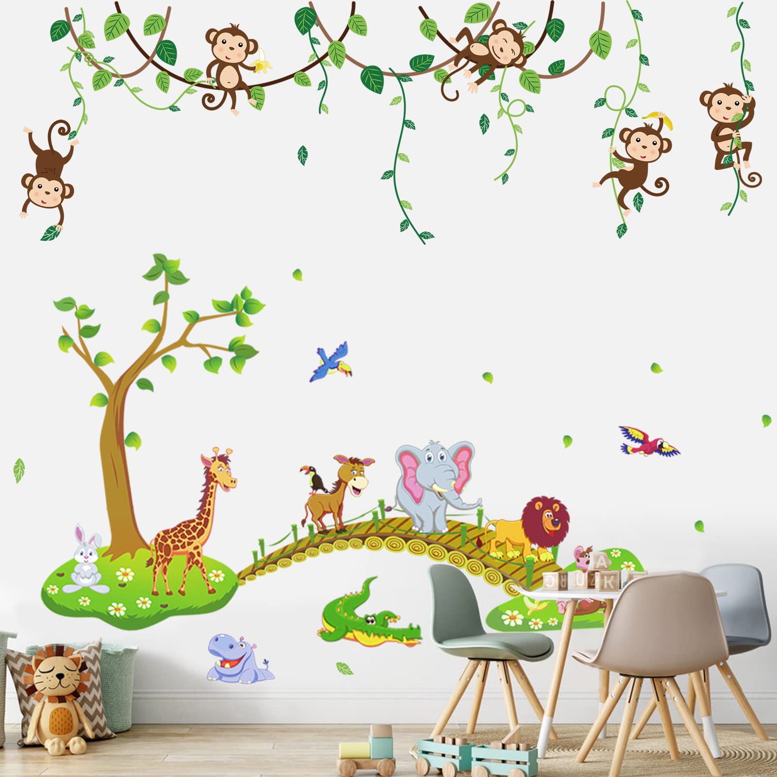 decalmile Jungle Animal Wall Stickers Bundle with Safari Monkey Wall Decals Kids Bedroom Nursery Classroom Wall Decor