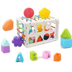 twkueor baby shape sorting cube with abcd and shape blocks, sensory bin with colorful elastic rope for toddlers, babies and kids early educational montessori learning developmental stem toys