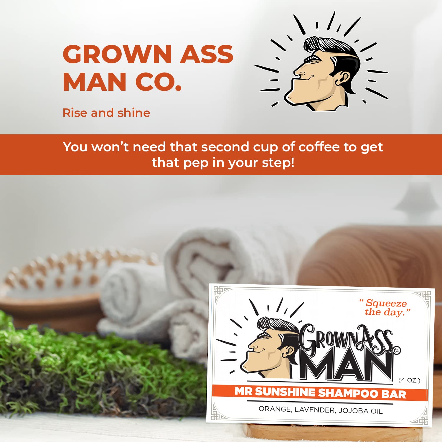 Grown Ass Man Co. - Solid Shampoo Bar Rich Lather 3 in 1: Hair, Beard & Body Wash - Plastic Free & Eco-Friendly, Natural & Organic Clean for All Hair Types, 4oz Bar (Mister Sunshine, 3-Pack)