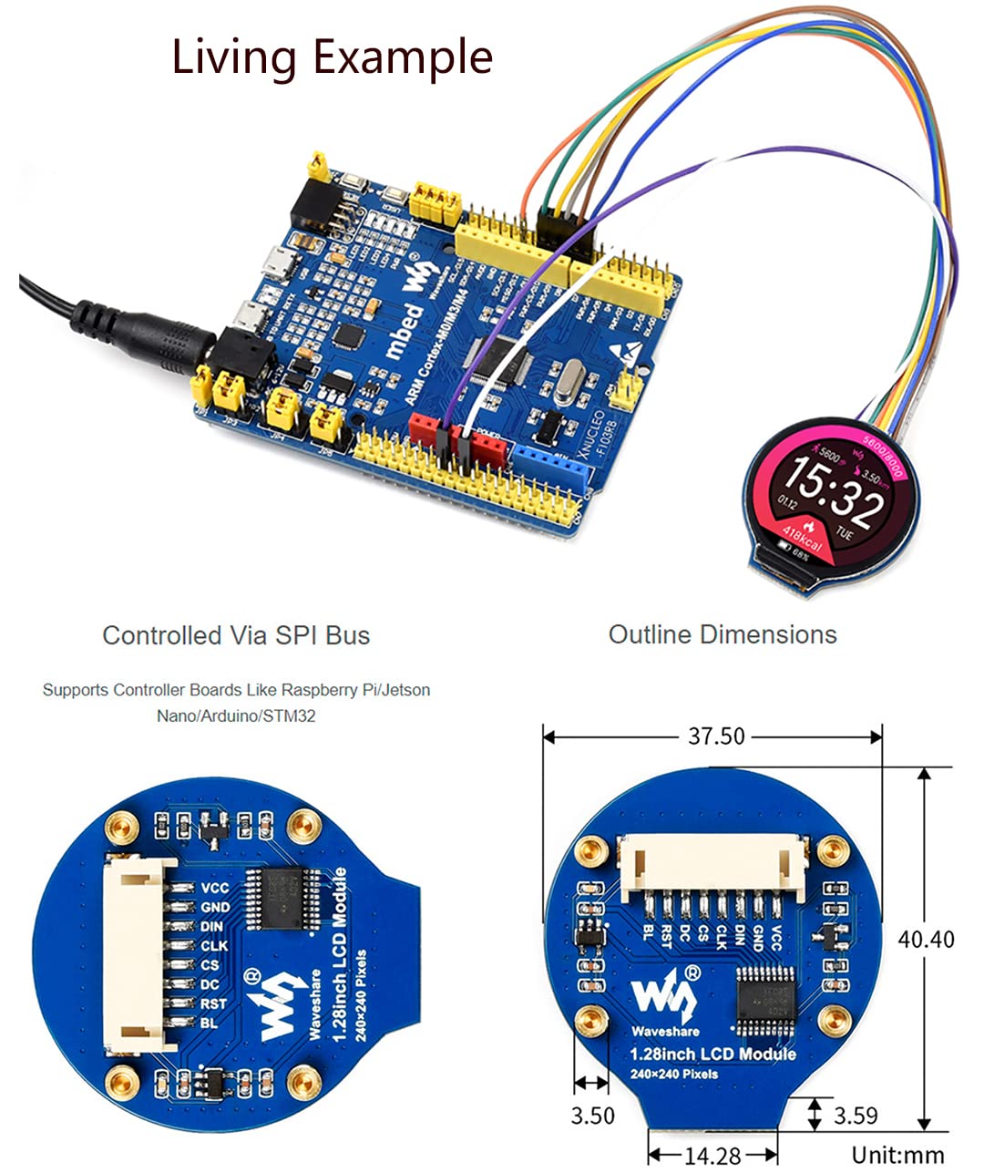 waveshare 1.28inch Round LCD 240×240 Resolution 65K RGB IPS Display Module for Arduino Raspberry Pi Jetson Nano STM32,SPI Interface GC9A01 Driver Clear and Colorful Displaying Effect