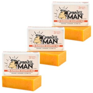 grown ass man co. - solid shampoo bar rich lather 3 in 1: hair, beard & body wash - plastic free & eco-friendly, natural & organic clean for all hair types, 4oz bar (mister sunshine, 3-pack)