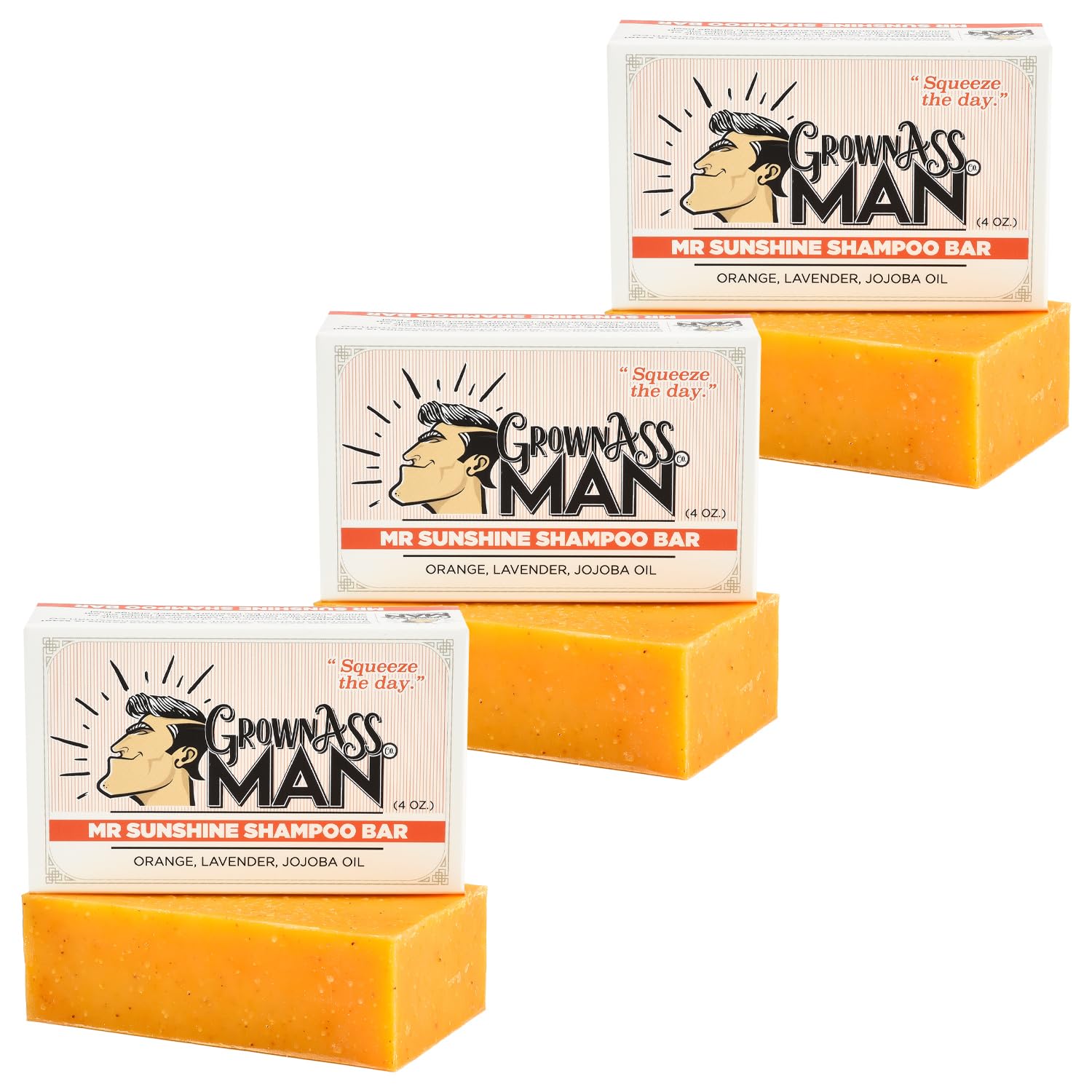 Grown Ass Man Co. - Solid Shampoo Bar Rich Lather 3 in 1: Hair, Beard & Body Wash - Plastic Free & Eco-Friendly, Natural & Organic Clean for All Hair Types, 4oz Bar (Mister Sunshine, 3-Pack)