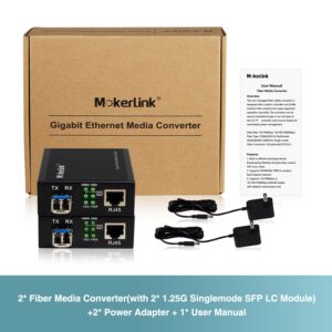 MokerLink Gigabit SFP to RJ45 Converter, A Pair 2 Pack Single-Mode Fiber to Ethernet Media Converter, 10/100/1000Mbps RJ45 Port, 1000Base-LX SFP Module 1310nm up to 20KM