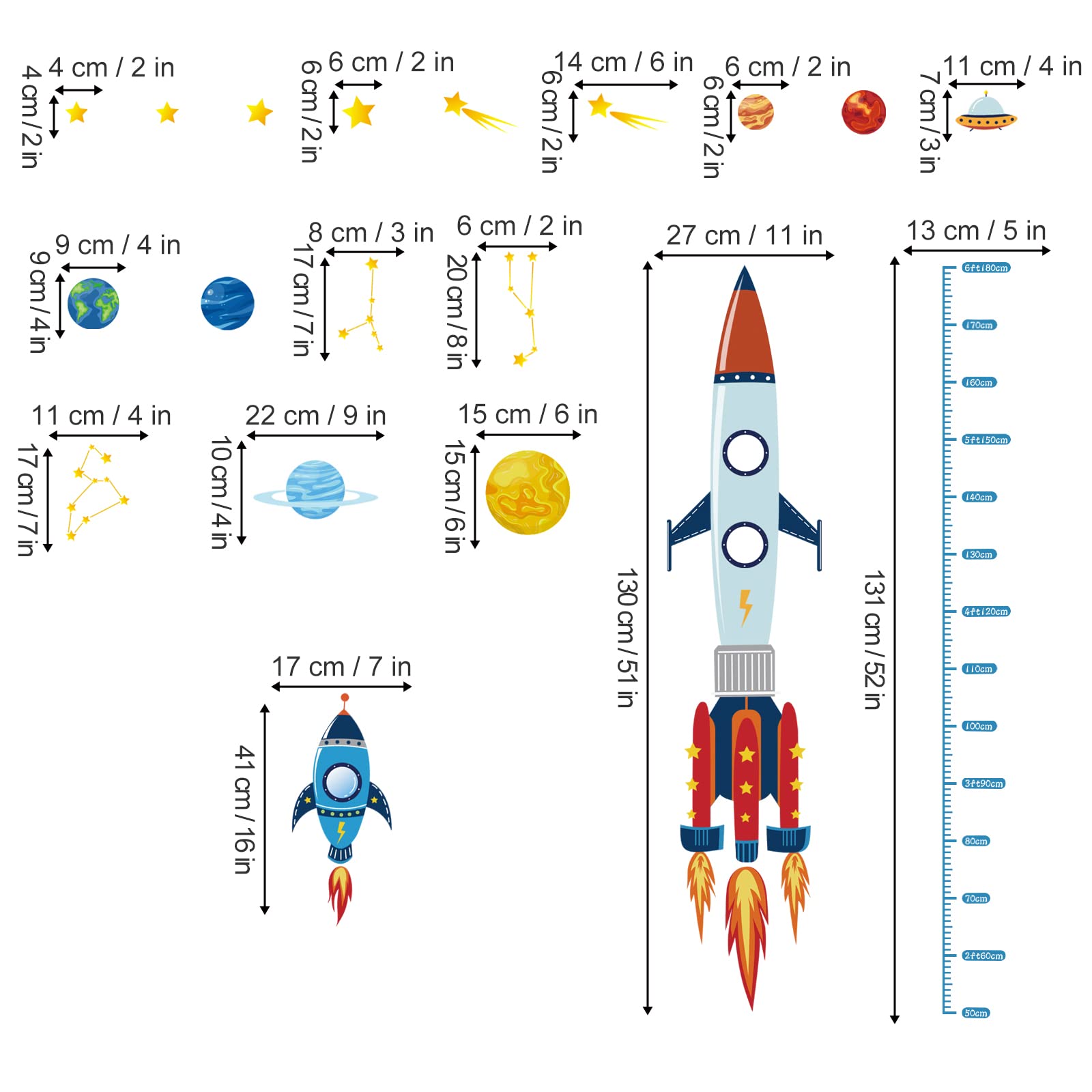 decalmile Wall Stickers Rocket Planets Height Measurement Picture Wall Sticker Space Wall Decoration Baby Boy Living Room