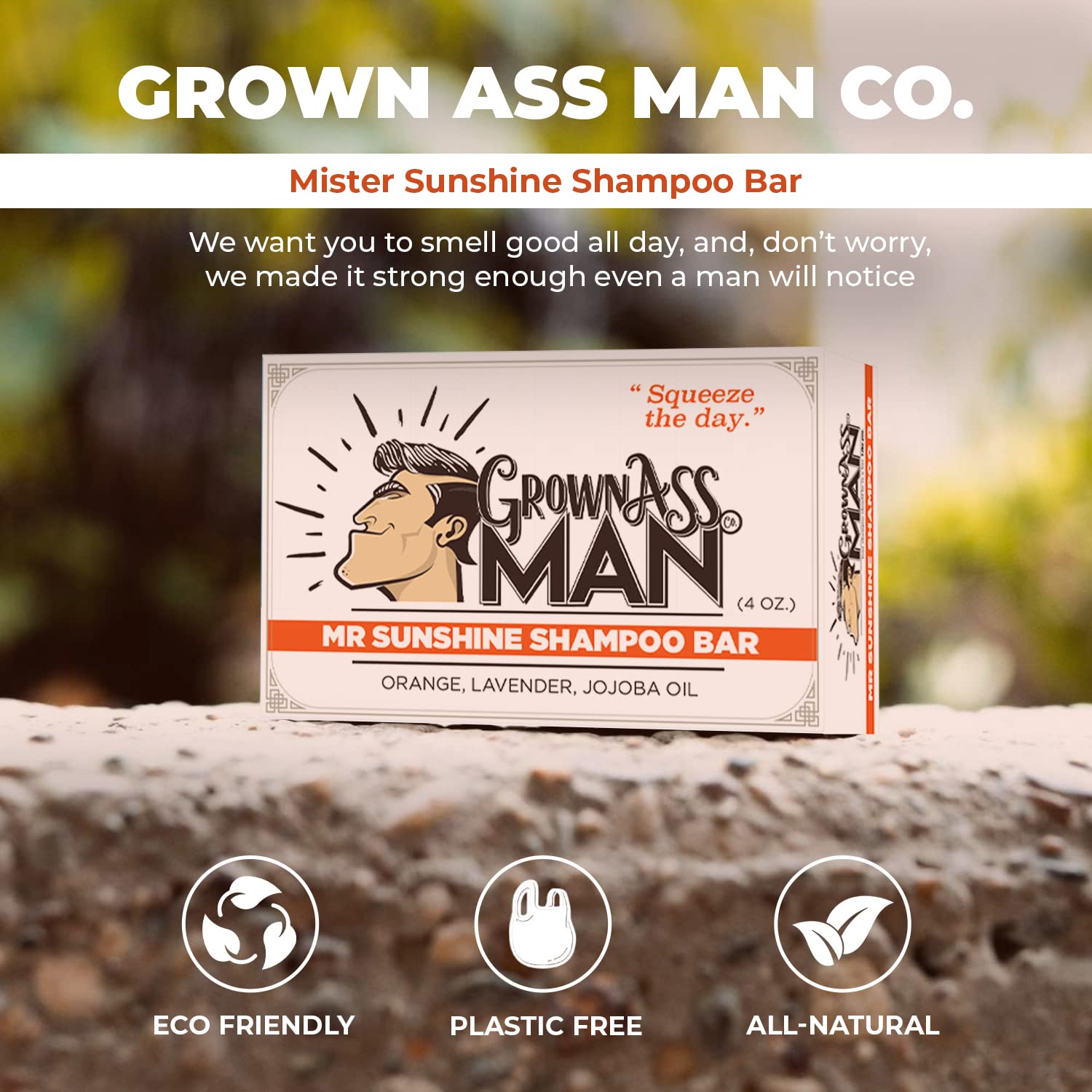 Grown Ass Man Co. - Solid Shampoo Bar Rich Lather 3 in 1: Hair, Beard & Body Wash - Plastic Free & Eco-Friendly, Natural & Organic Clean for All Hair Types, 4oz Bar (Mister Sunshine, 3-Pack)