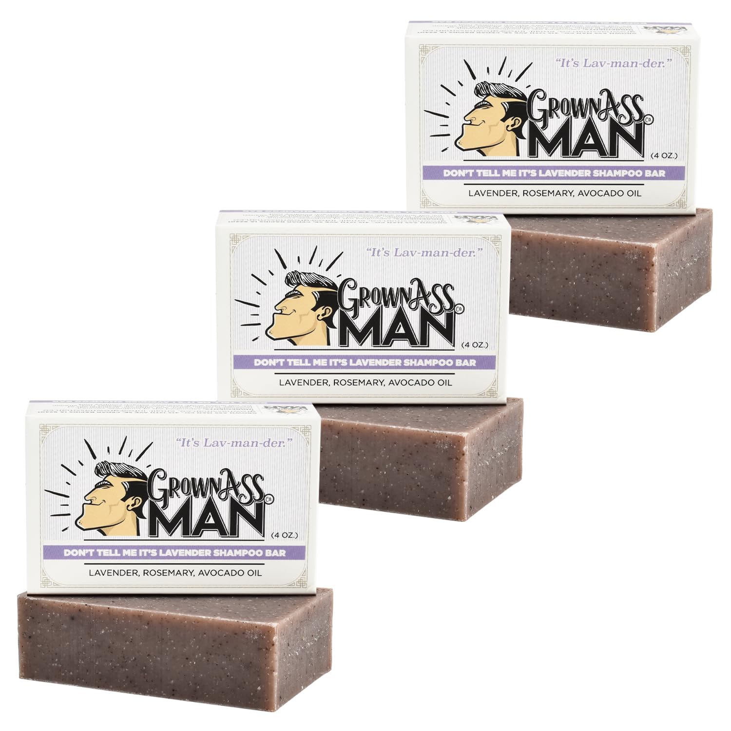 Grown Ass Man Co. - Solid Shampoo Bar Rich Lather 3 in 1: Hair, Beard & Body Wash - Plastic Free & Eco-Friendly, Natural & Organic for All Hair Types, 4oz Bar (Don't Tell Me It's Lavender, 3-Pack)