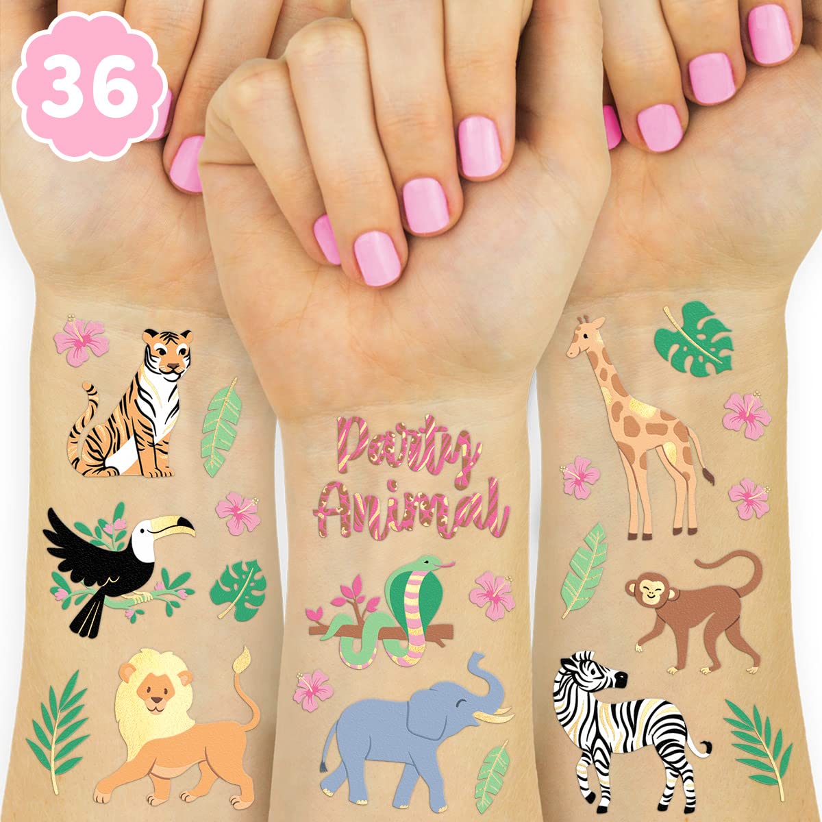 xo, Fetti Jungle Temporary Tattoos - 36 styles | Elephant Arts + Craft, Wild Animal Birthday Party Supplies, Giraffe Safari Baby Shower, Tiger