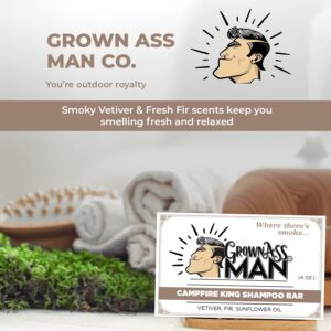 Grown Ass Man Co. - Solid Shampoo Bar Rich Lather 3 in 1: Hair, Beard & Body Wash - Plastic Free & Eco-Friendly, Natural & Organic Clean for All Hair Types, 4oz Bar (Campfire King, Single)