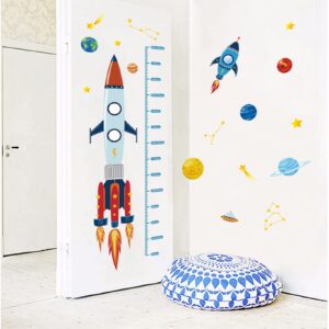 decalmile Wall Stickers Rocket Planets Height Measurement Picture Wall Sticker Space Wall Decoration Baby Boy Living Room