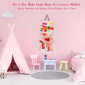 Vimiv Bow Holder for Baby Girls, Bow Headband Holder for Baby,Baby Headband Holder Organizer Hanging Newborn Hair Bow Storage w/Heart-Shape Velvet Hangers for Baby Hair Accessories, Soft Pink