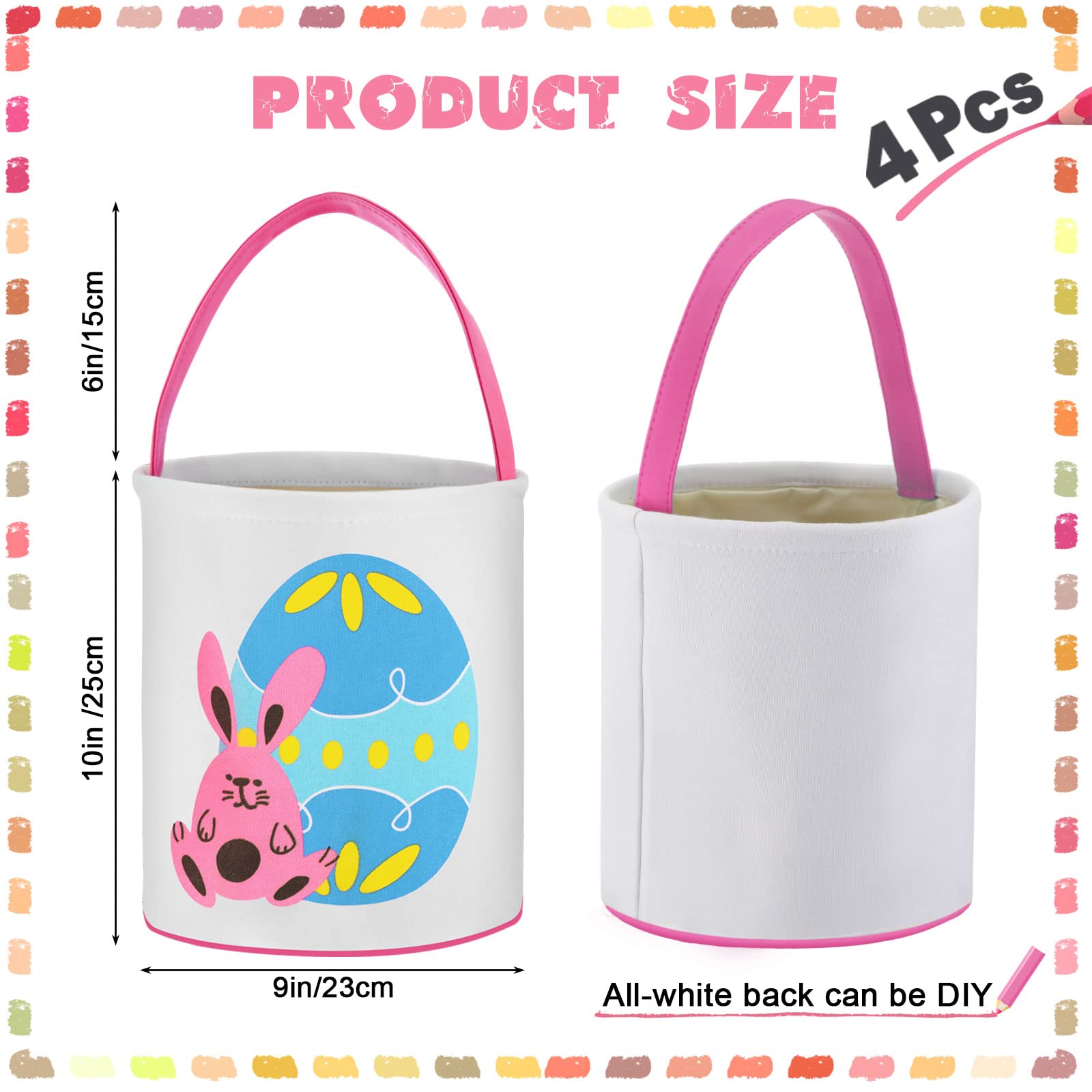 4 Pcs Easter Bunny Basket for Kids Easter Basket Bags Fluffy Tails Printed Rabbit Canvas Toys Bucket Tote Easter Tote Bag with Handle Canvas Carrying Favor Eggs Hunt Bag Candy Egg Basket for Gift Sets