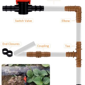 Kalolary 42Pcs Drip Irrigation Fittings Kit, 5/8 Inch Hose Barbed Connectors for Compatible Drip or Sprinkler System(2 Switch Valves, 8 Couplings, 8 Tees, 8 Elbows, 8 End Closures, 8 End Cap Plugs)