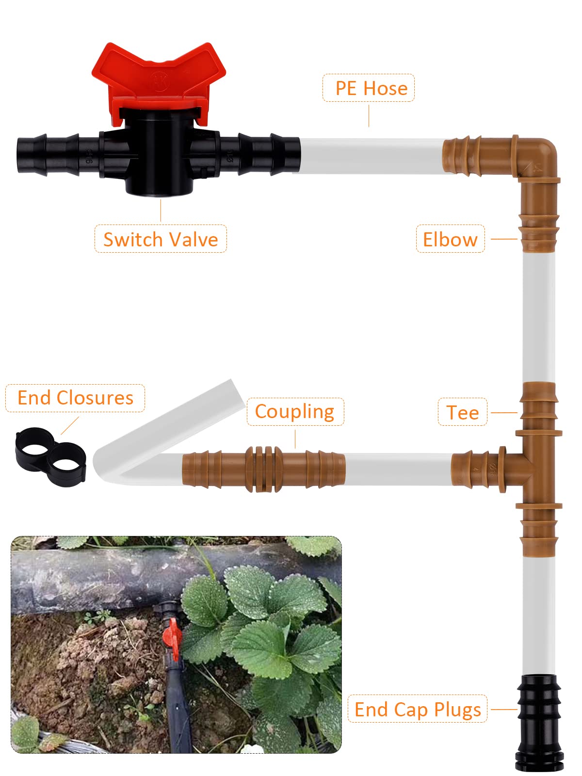 Kalolary 42Pcs Drip Irrigation Fittings Kit, 5/8 Inch Hose Barbed Connectors for Compatible Drip or Sprinkler System(2 Switch Valves, 8 Couplings, 8 Tees, 8 Elbows, 8 End Closures, 8 End Cap Plugs)