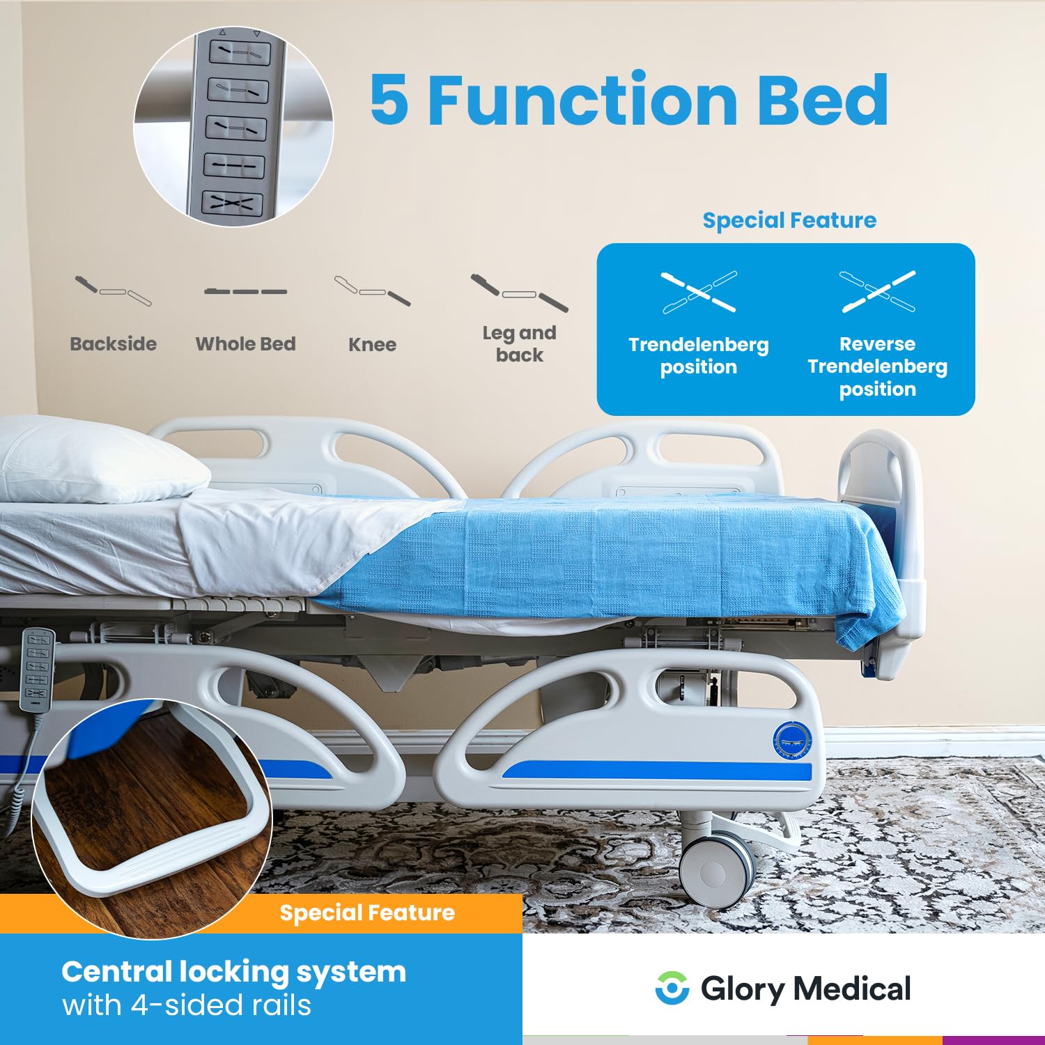 Point A (PAM-5) Premium 5-Function Full Electric Hospital Bed for Home Use, 5.9" Memory Mattress Made in USA, LINAK Motor, Central Locking, 6" Casters, Includes (2X) Bed Sheet and Battery Back-up