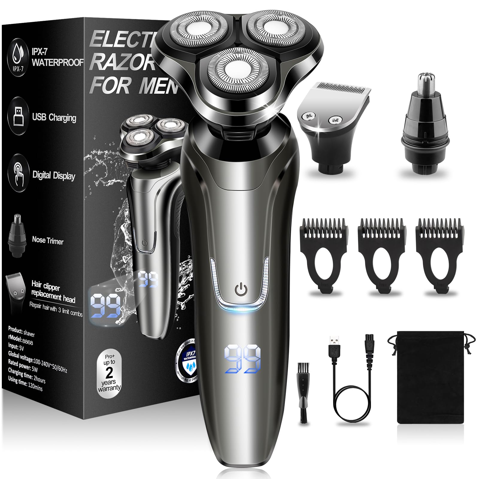 Handsomeface Electric Shaver, Mens Electric Razor, 4 in 1 Dry Wet Waterproof Rotary Shaver Razors, Cordless Face Shaver USB Rechargeable for Shaving Traveling Gift for Dad