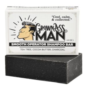 grown ass man co. - solid shampoo bar rich lather 3 in 1: hair, beard & body wash - plastic free & eco-friendly, natural & organic clean for all hair types, 4oz bar (smooth operator, single)