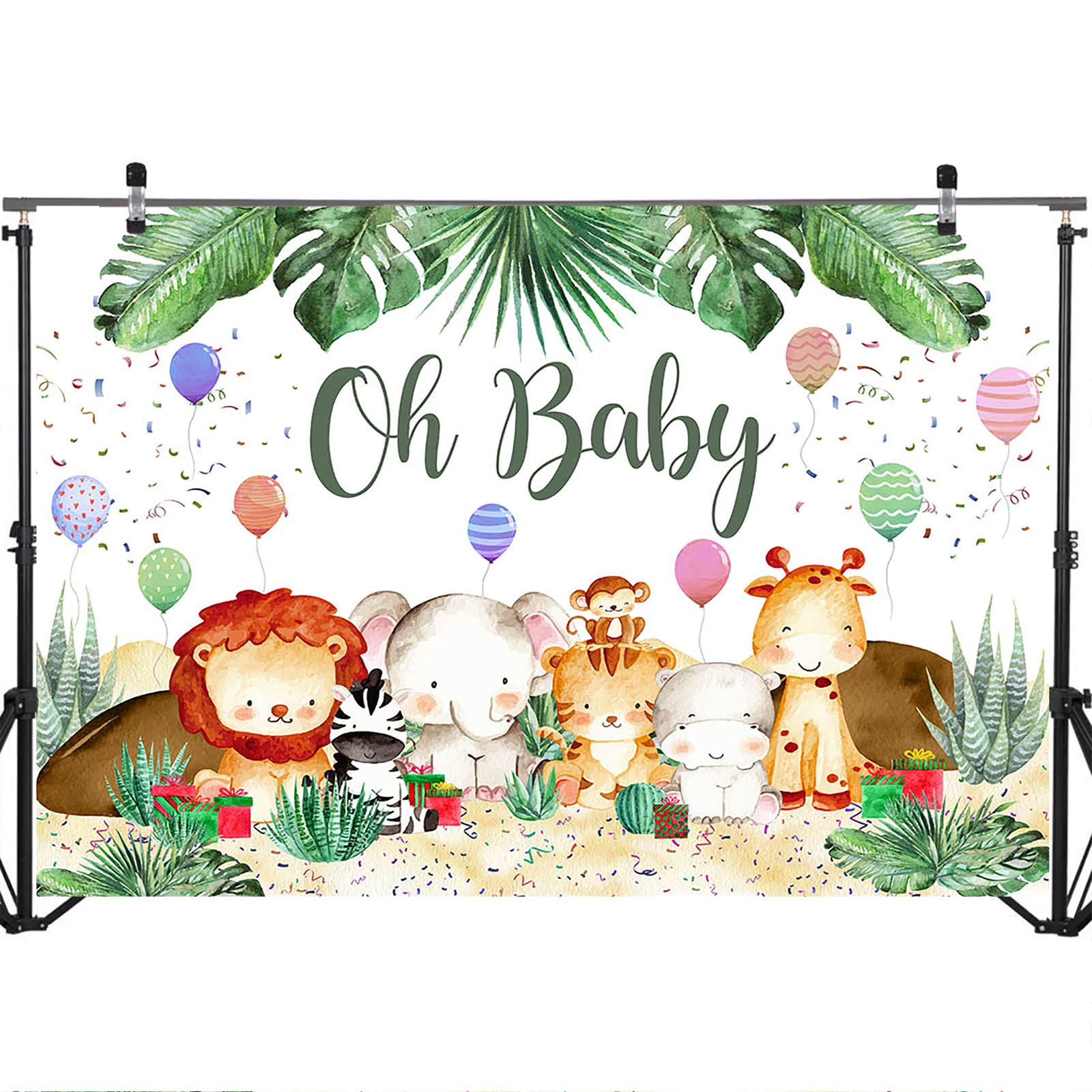 Mocsicka Oh Baby Backdrop 7x5ft Jungle Safari Animals Greenery Balloons Baby Shower Party Decorations Cute Cartoon Animals Gift Boxes Baby Shower Photography Background