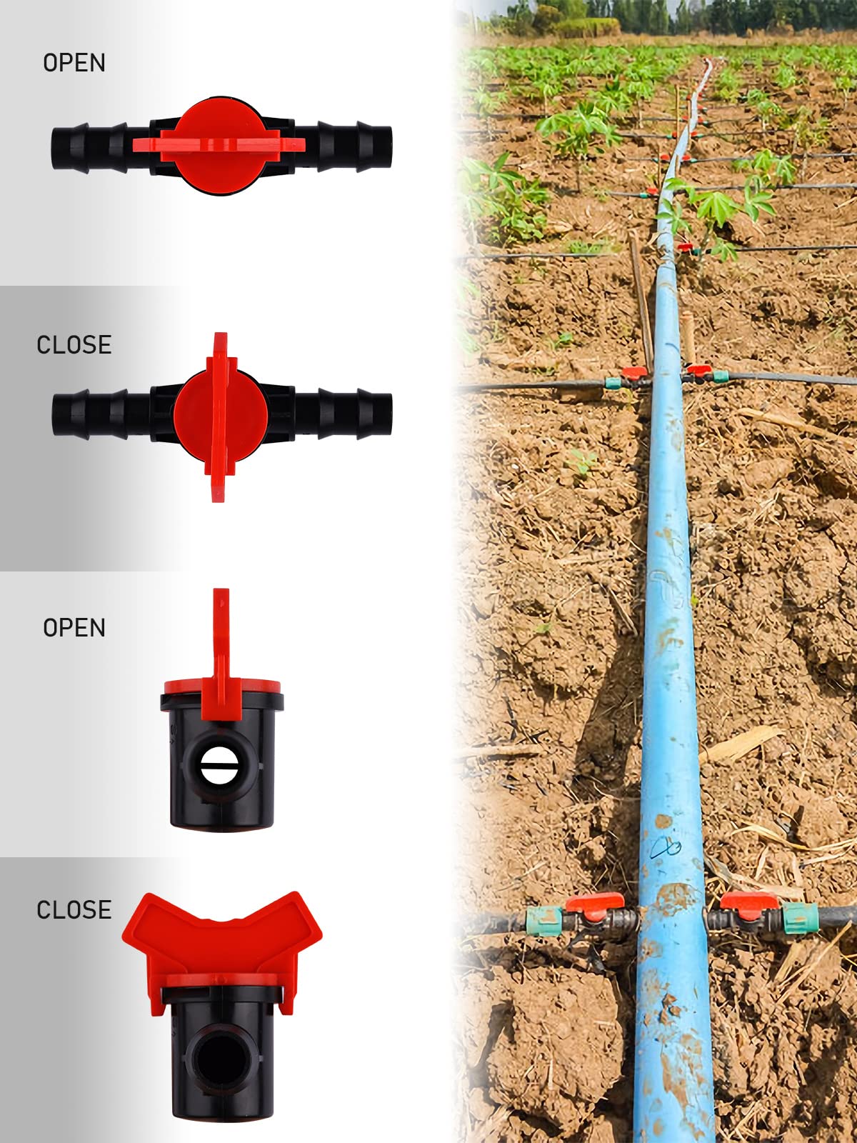 Kalolary 42Pcs Drip Irrigation Fittings Kit, 5/8 Inch Hose Barbed Connectors for Compatible Drip or Sprinkler System(2 Switch Valves, 8 Couplings, 8 Tees, 8 Elbows, 8 End Closures, 8 End Cap Plugs)