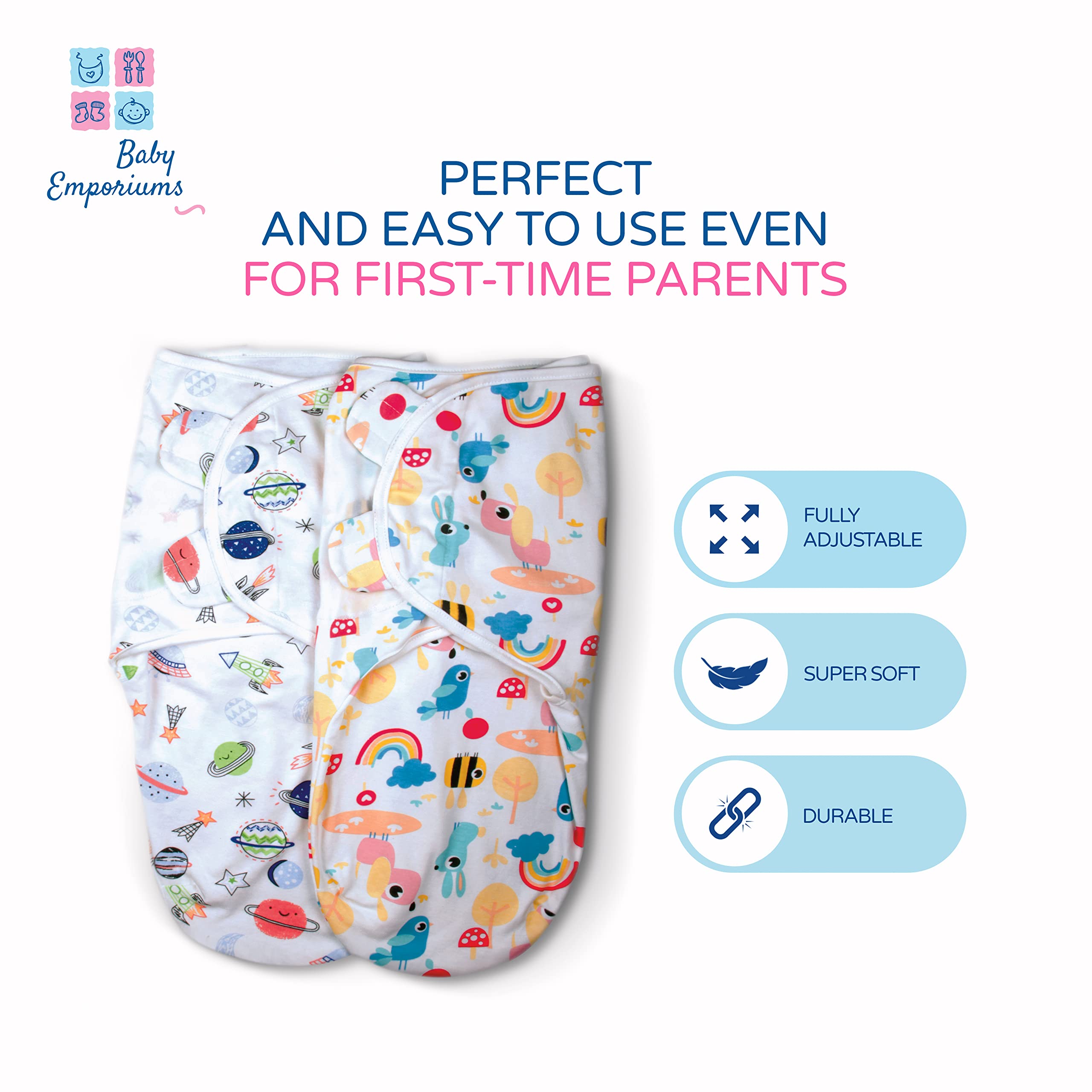 BABY EMPORIUMS swaddles for Newborn | Adjustable Swaddle 0-3 Month 7-14 lbs. | Unisex Soft with Plush and Warm Pack of 3 Wraps Delightful Appealing Designs