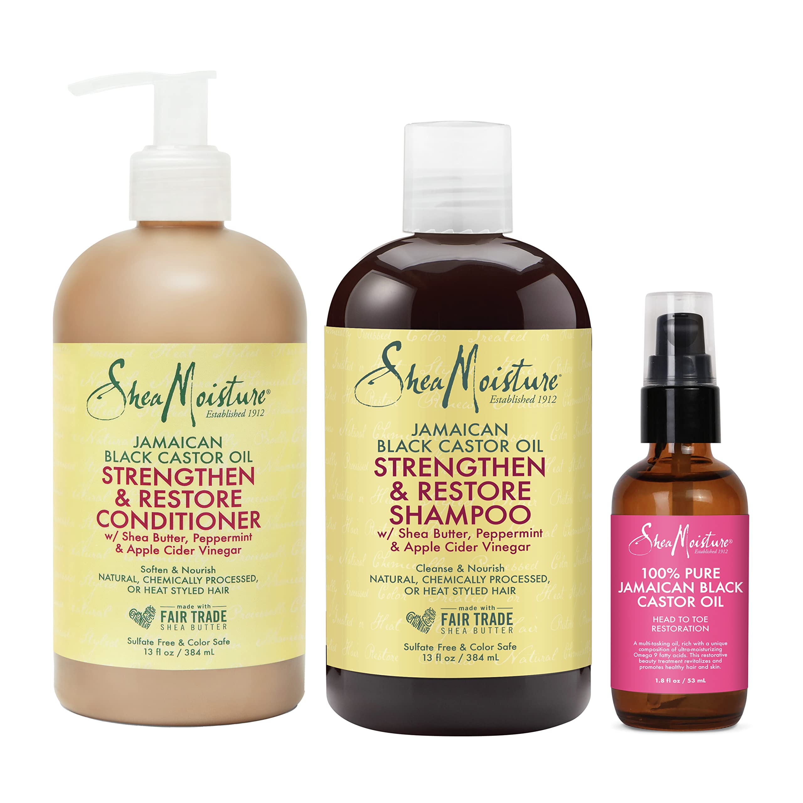 SheaMoisture Strengthen and Restore Shampoo, Conditioner and Body Care Oil Set for Dry Skin and Hair - Jamaican Black Castor Oil with Shea Butter