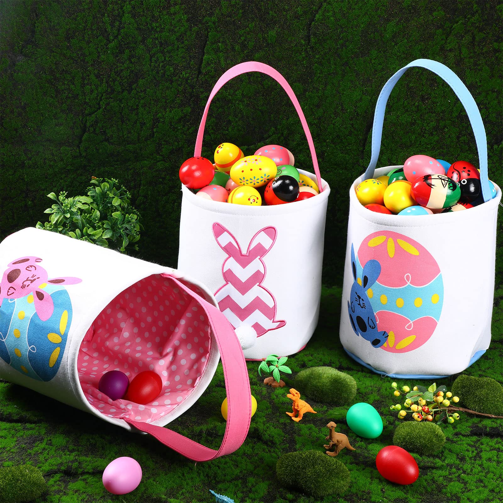 4 Pcs Easter Bunny Basket for Kids Easter Basket Bags Fluffy Tails Printed Rabbit Canvas Toys Bucket Tote Easter Tote Bag with Handle Canvas Carrying Favor Eggs Hunt Bag Candy Egg Basket for Gift Sets