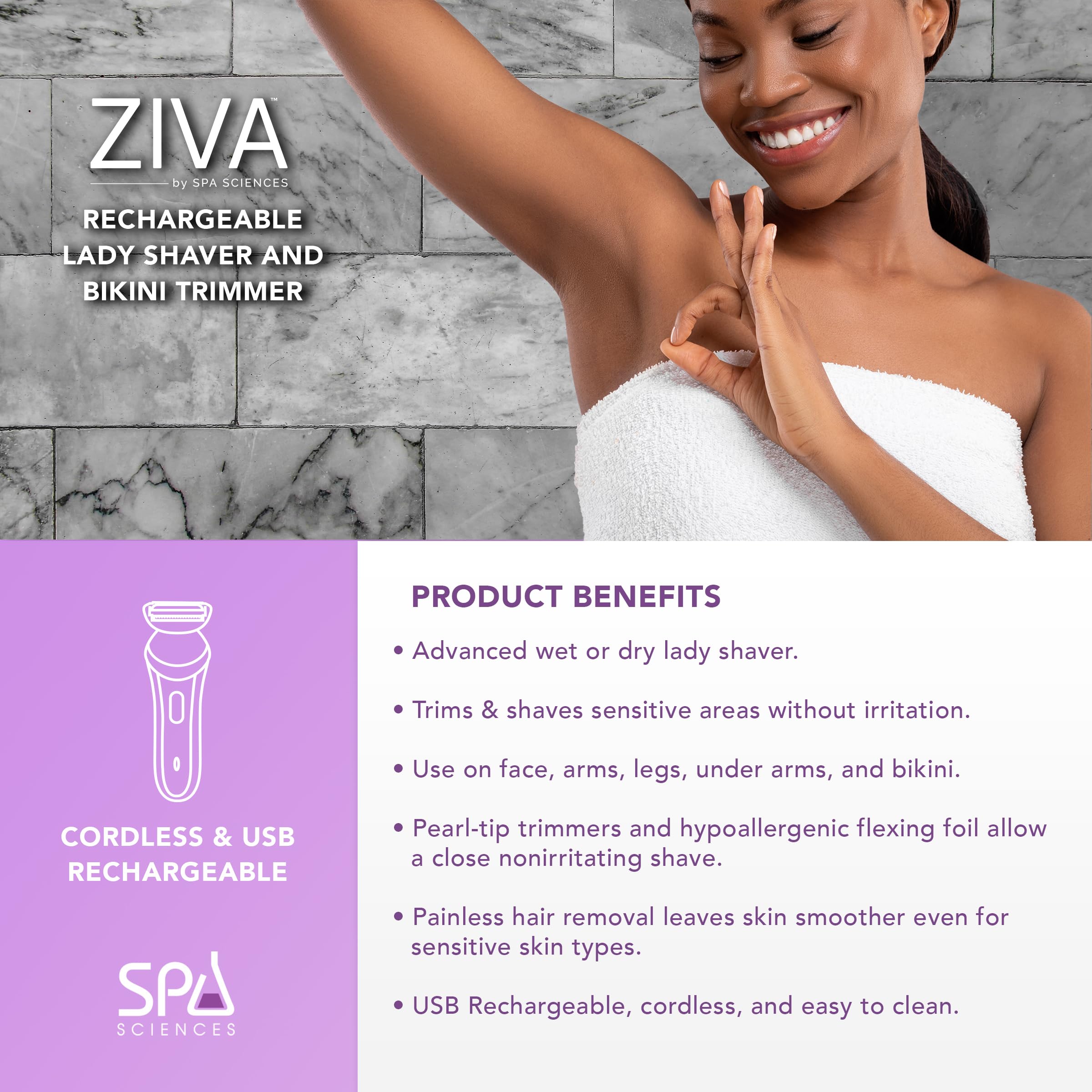 Spa Sciences Ziva Lady Shaver - Advanced Wet & Dry Trimmer - Non-Irritating Shave - for Sensitive Skin - USB Rechargeable - All Skin Types