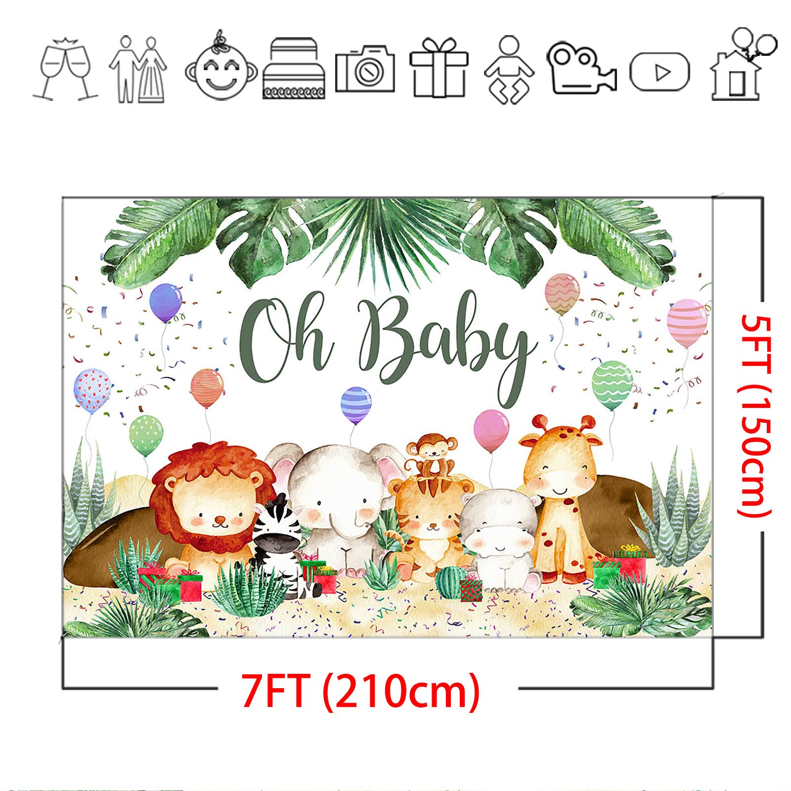 Mocsicka Oh Baby Backdrop 7x5ft Jungle Safari Animals Greenery Balloons Baby Shower Party Decorations Cute Cartoon Animals Gift Boxes Baby Shower Photography Background