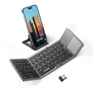 samsers multi-device foldable bluetooth keyboard with touchpad rechargeable dual-mode(2.4g+btx2) wireless keyboard with holder, portable ultra slim folding keyboard for android windows ios mac os