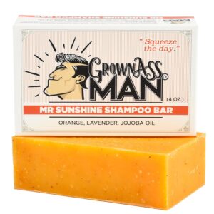 grown ass man co. - solid shampoo bar rich lather 3 in 1: hair, beard & body wash - plastic free & eco-friendly, natural & organic clean for all hair types, 4oz bar (mister sunshine, single)