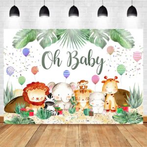 Mocsicka Oh Baby Backdrop 7x5ft Jungle Safari Animals Greenery Balloons Baby Shower Party Decorations Cute Cartoon Animals Gift Boxes Baby Shower Photography Background