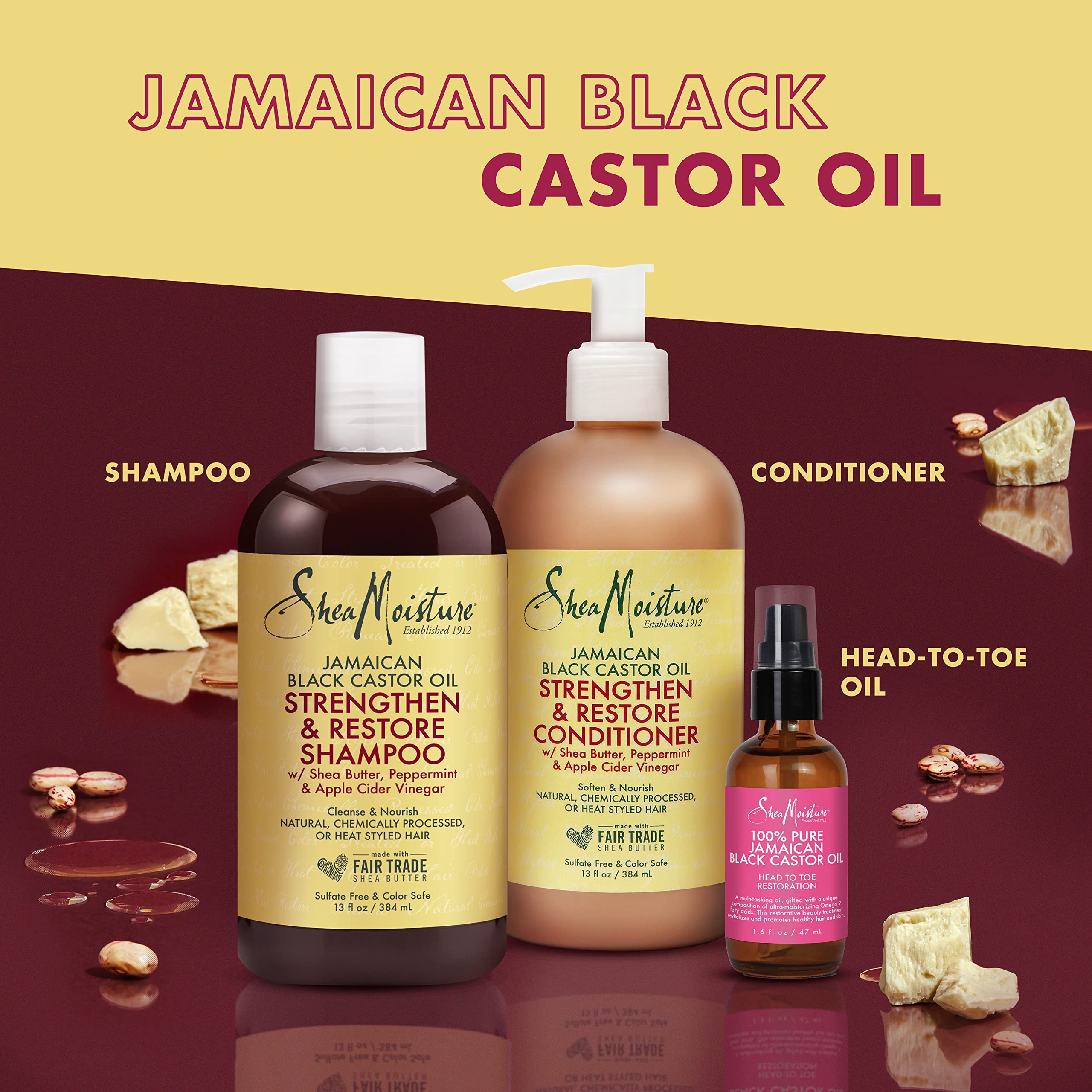 SheaMoisture Strengthen and Restore Shampoo, Conditioner and Body Care Oil Set for Dry Skin and Hair - Jamaican Black Castor Oil with Shea Butter