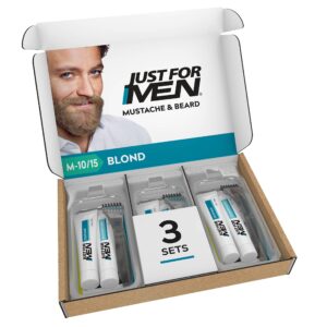 just for men mustache & beard, beard coloring for gray hair, with biotin aloe and coconut oil for healthy facial hair - blond, m-10/15 (pack of 3, ecomm friendly packaging)