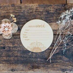 amos and sawyer hello world "sunflower" wooden birth announcement sign, newborn photo prop