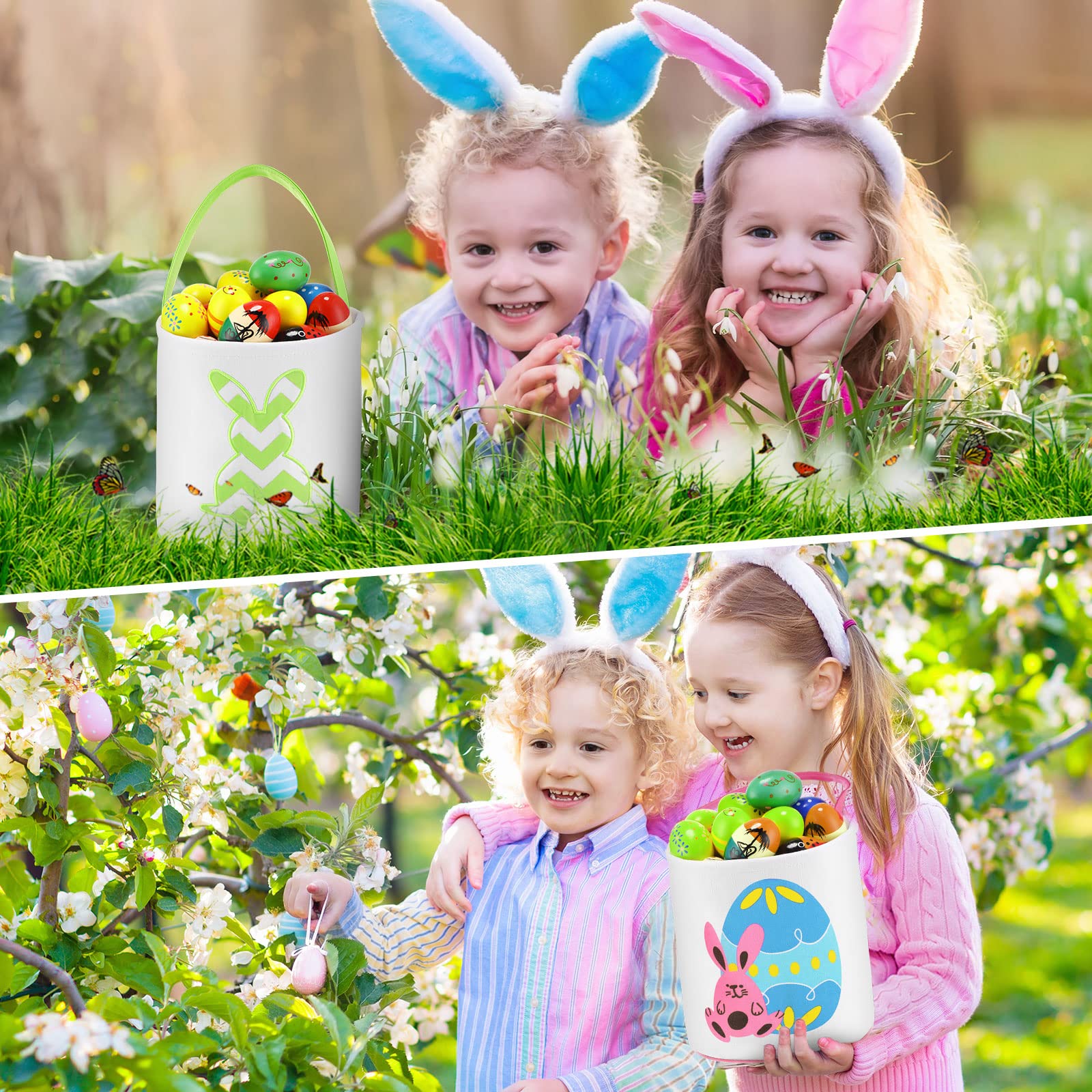 4 Pcs Easter Bunny Basket for Kids Easter Basket Bags Fluffy Tails Printed Rabbit Canvas Toys Bucket Tote Easter Tote Bag with Handle Canvas Carrying Favor Eggs Hunt Bag Candy Egg Basket for Gift Sets