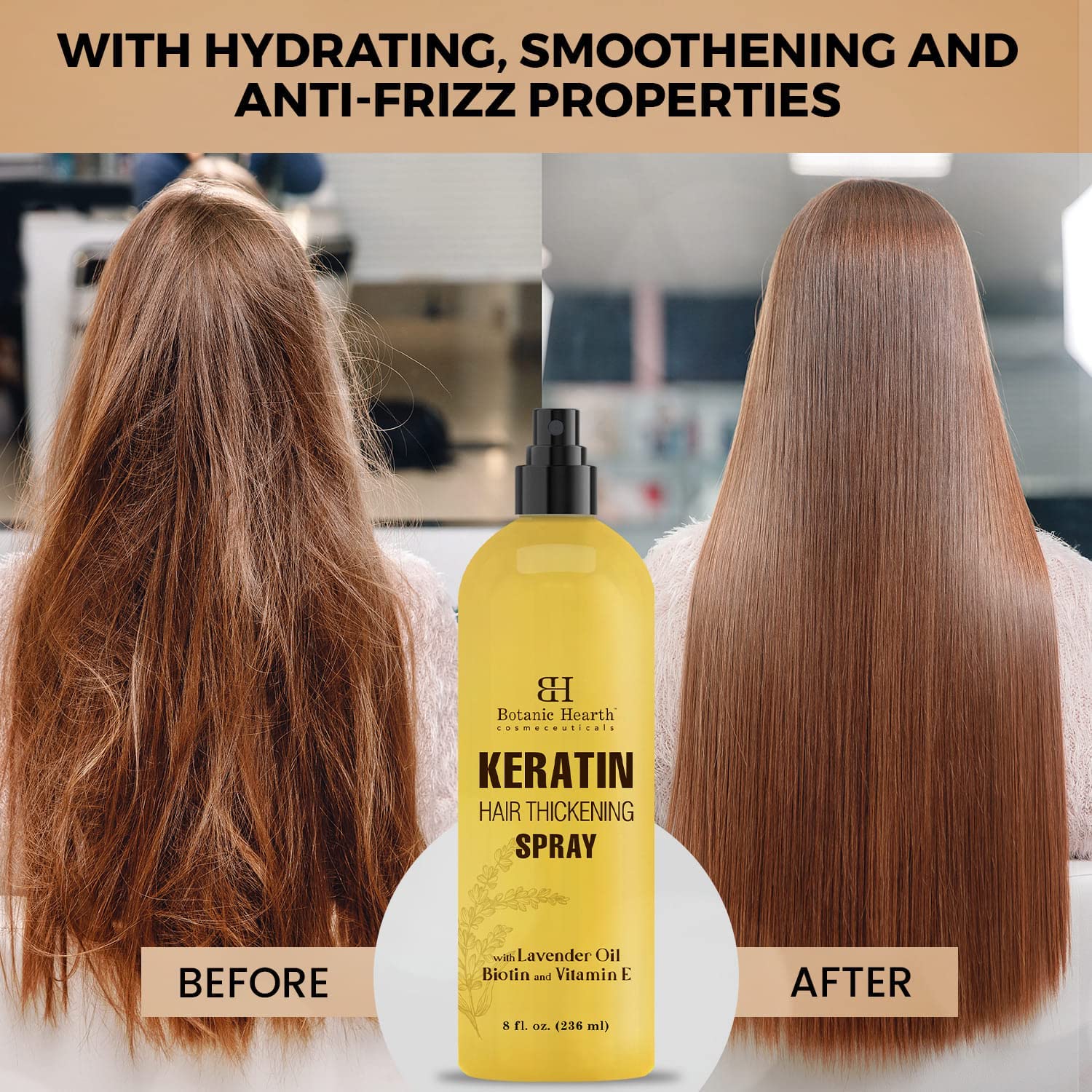 Botanic Hearth Keratin Thickening Spray (8 fl oz), Keratin Shampoo & Conditioner Set (16 fl oz each), and Keratin Serum (8 oz) Bundle