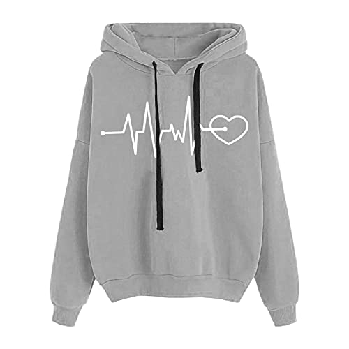 Winnerlion Pullover Sweatshirts for Women Casual Printed Hoodies Long-Sleeved Sweatshirt Drawstring Hooded Tops (Gray, S)